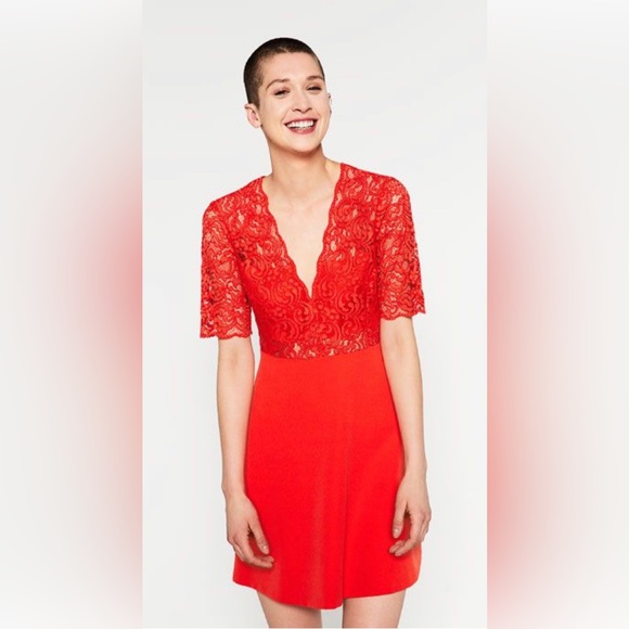 Zara | Dresses | Zara Brand New Red Dress With Lace Bodice | Poshmark